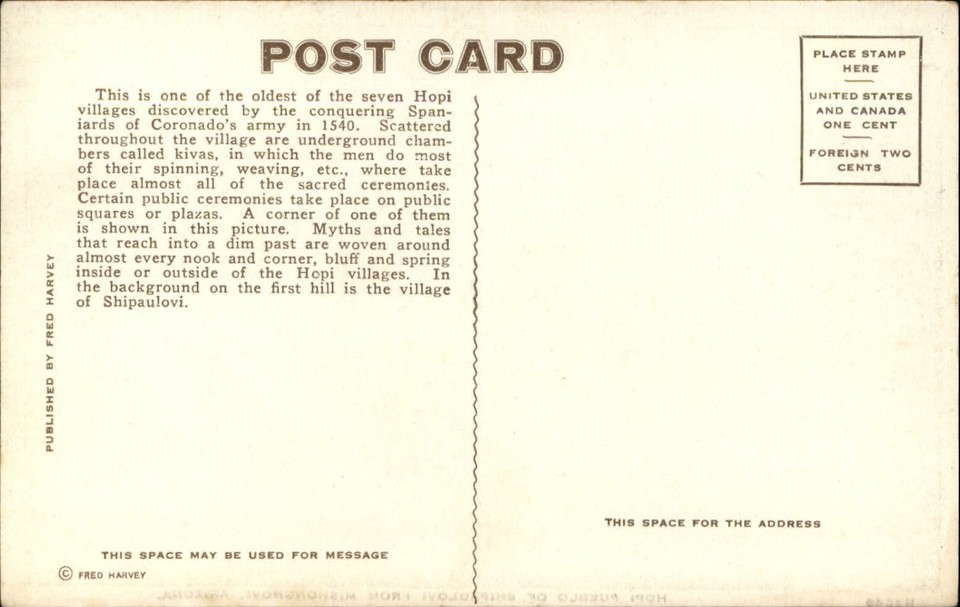 Mishongnovi Arizona Hopi Indian Pueblo Sipaulovi Fred Harvey vintage ...