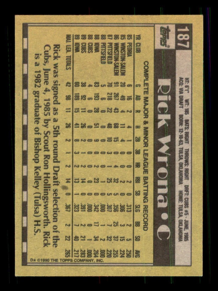 1990 Baseball Topps Rick Wrona Chicago Cubs #187 RC | eBay