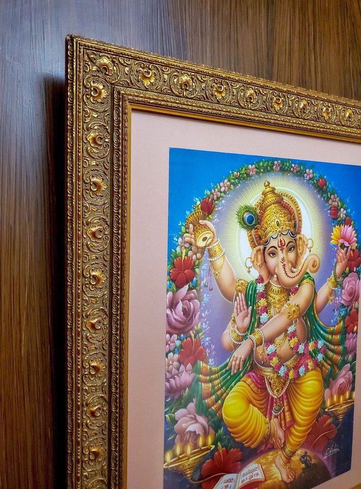 Ganesha Poster Wall Hanging Decor Set in Ornate Golden Gorgeous Frame ...