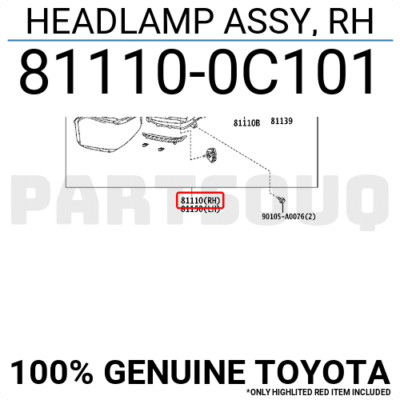 811100C101 Genuine Toyota HEADLAMP ASSY, RH 81110-0C101 | eBay