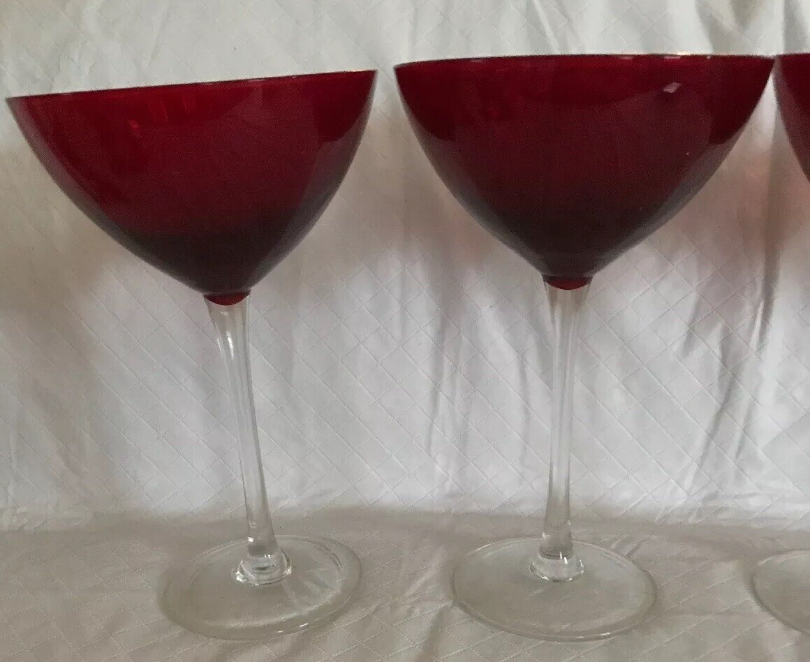 RED Cup WATER GOBLETS Clear Stem Ruby Wine Glass Set Of 4 Tall Fine ...