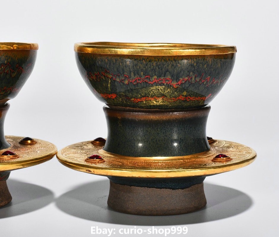 Jian Kiln Porcelain Gilt Inlay Gems Flower Bird Winecup Wineglass Cup ...