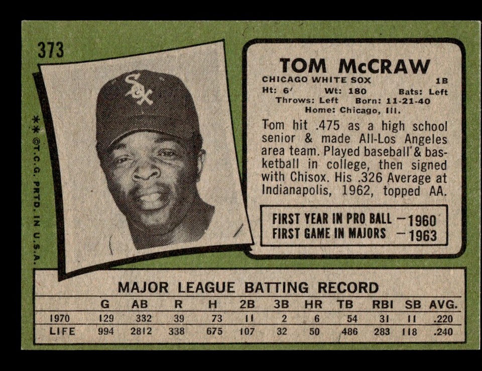 1971 Topps #373 Tom McCraw Chicago White Sox | eBay