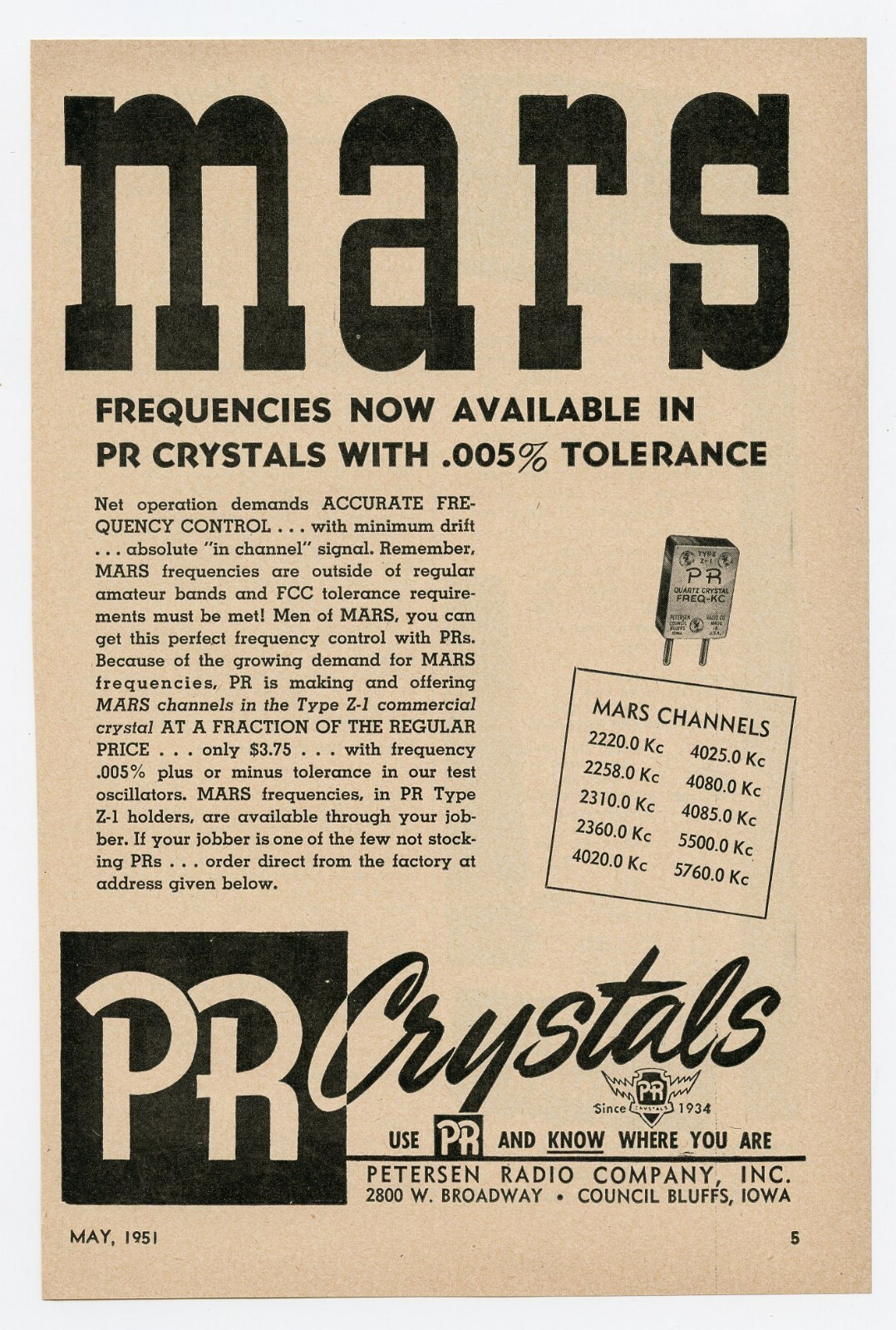 CQ Ham Radio Mag. Ad "MARS Frequencies Now Available in PR Crystals" (5 ...