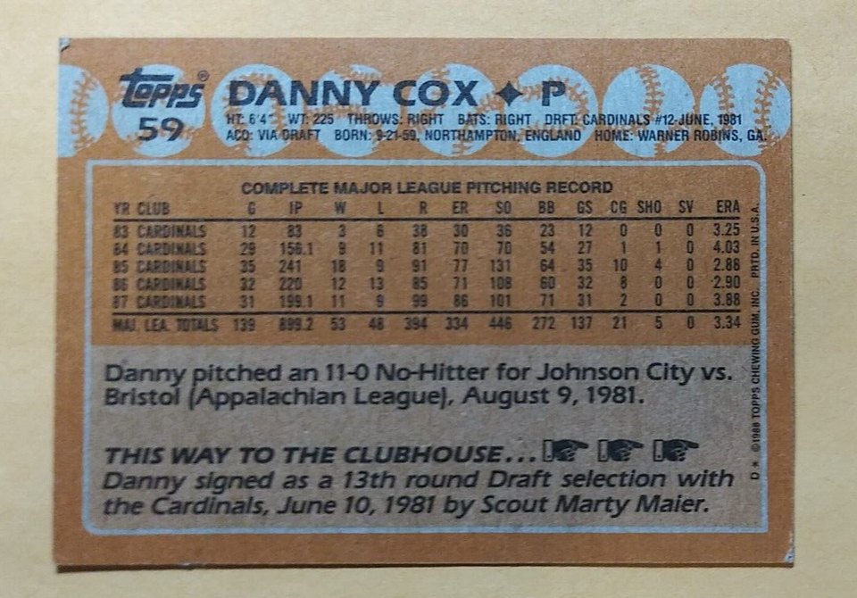 1988 Topps Baseball Card Danny Cox Arizona Cardinals #59 | eBay