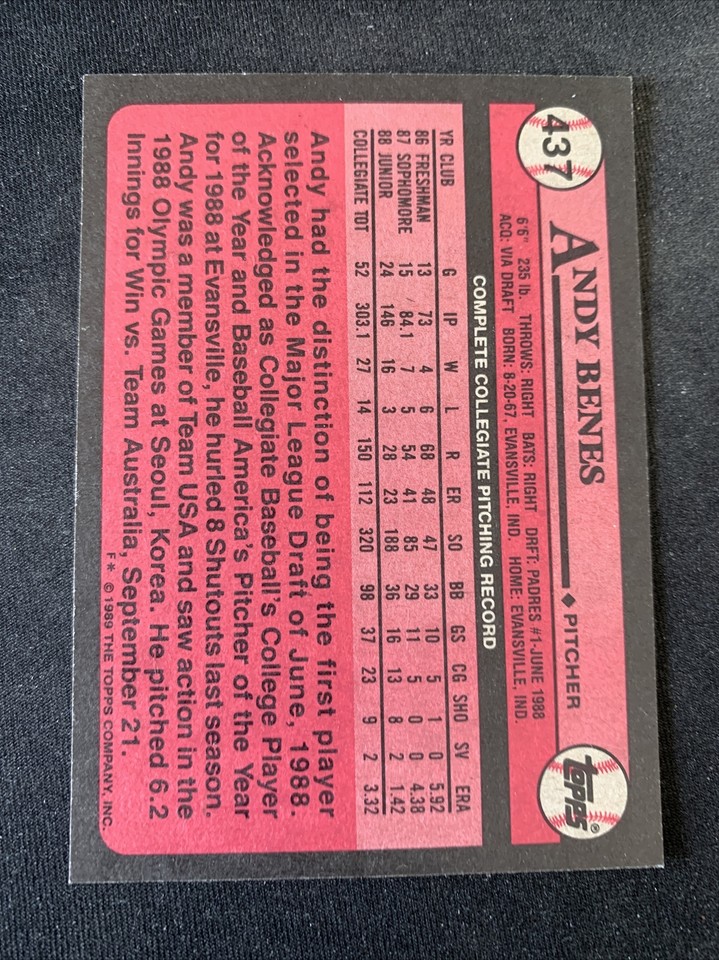 1989 Topps #1 Draft Rookie Card #437 Andy Benes San Diego Padres NMMT ...
