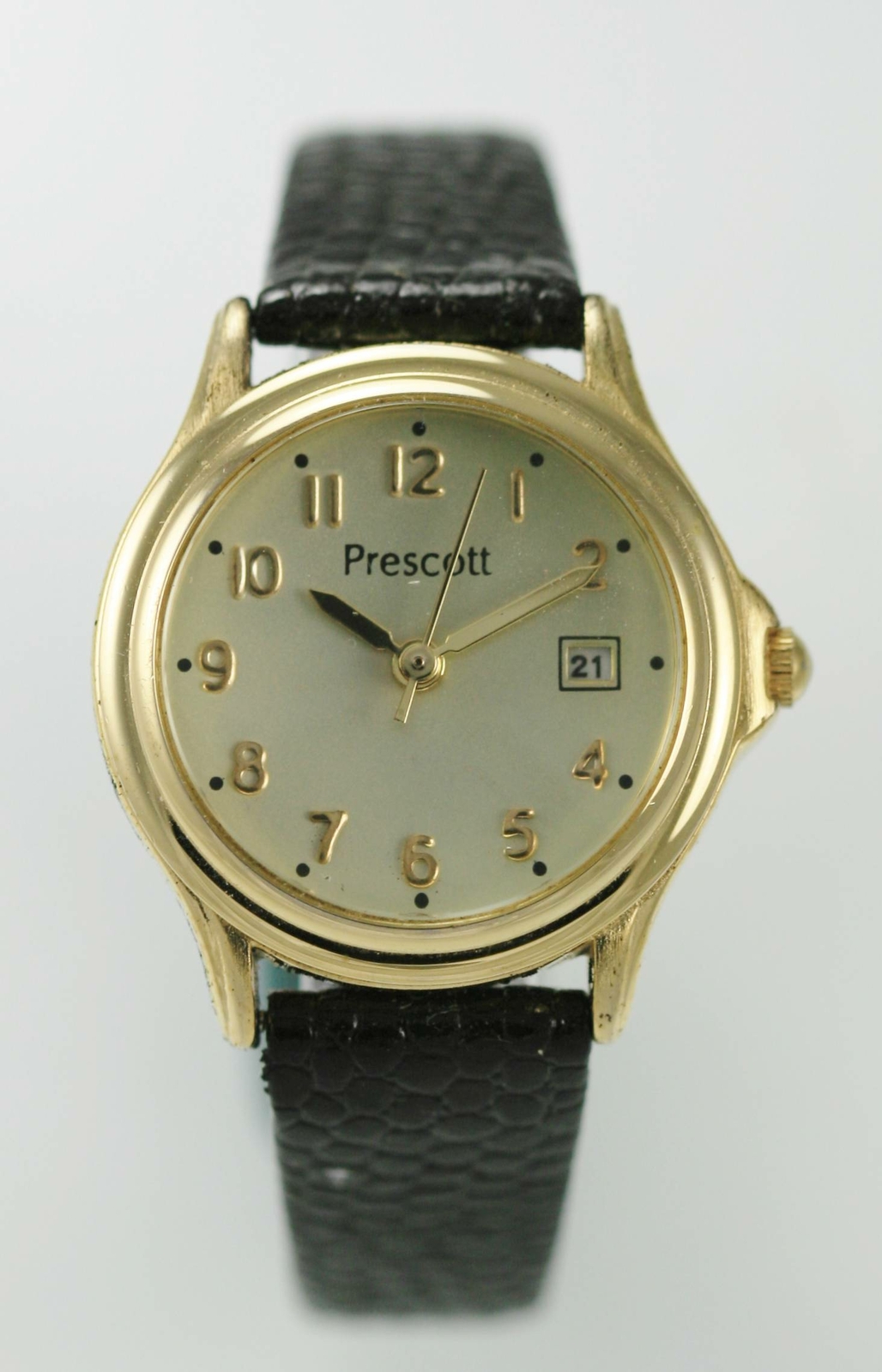 Prescott Watch Womens Gold Stainless Black Leather Water Resist Batt ...