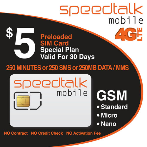 SpeedTalk $5 GSM SIM Card 250 Minutes or Text or MB Data 30-Day ...