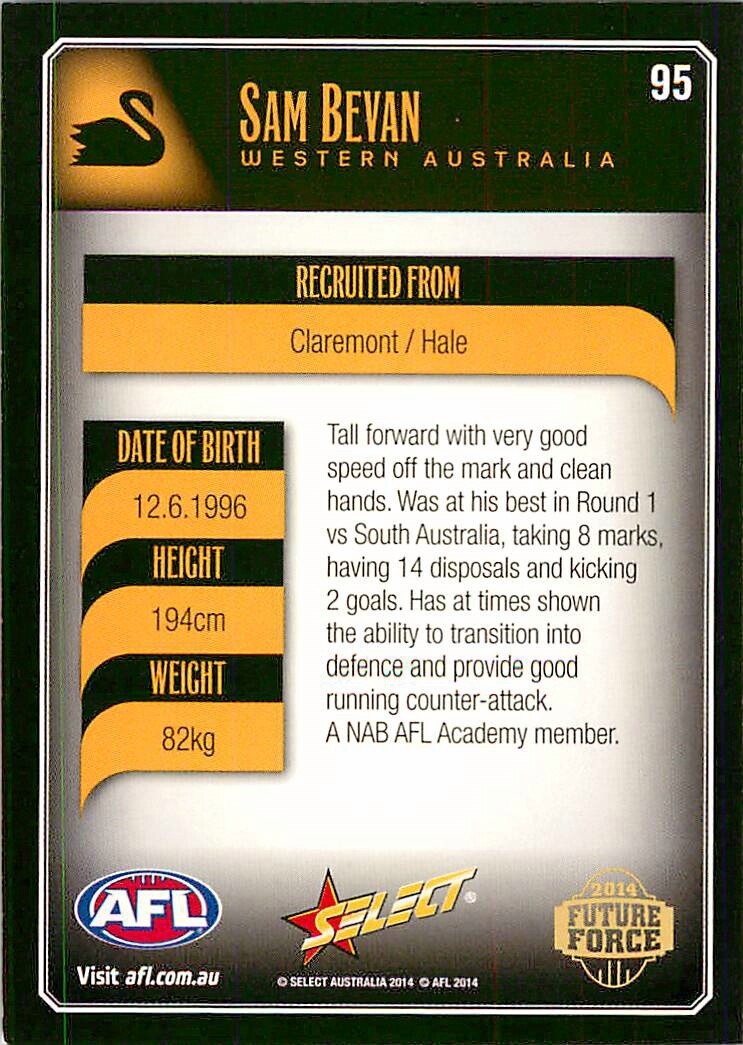 2014 WESTERN AUSTRALIA AFL Card SAM BEVAN Future Force | eBay Australia