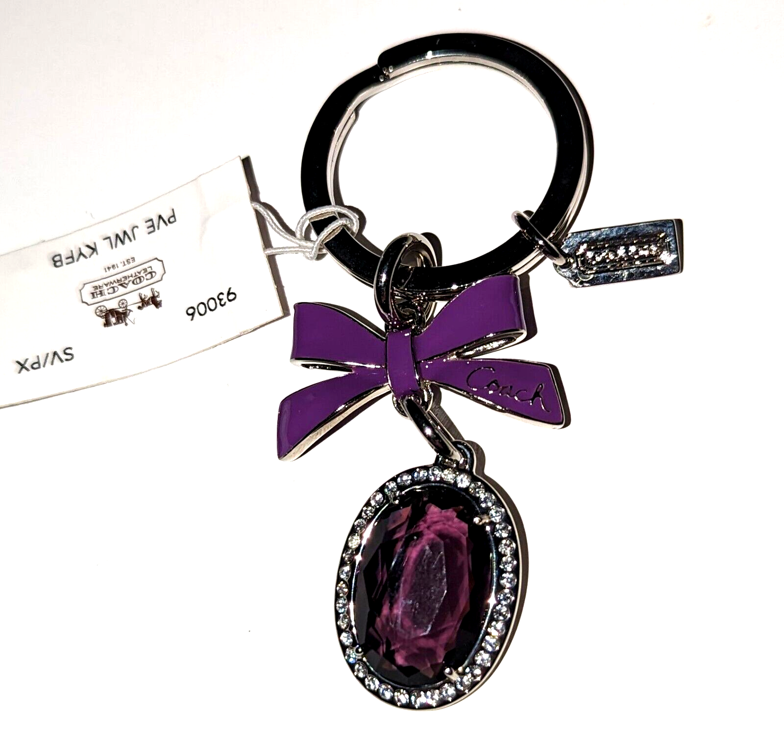 NWT! COACH Purple Gem & Bow PAVE JEWEL KEY FOB Ring Keychain / Bag ...