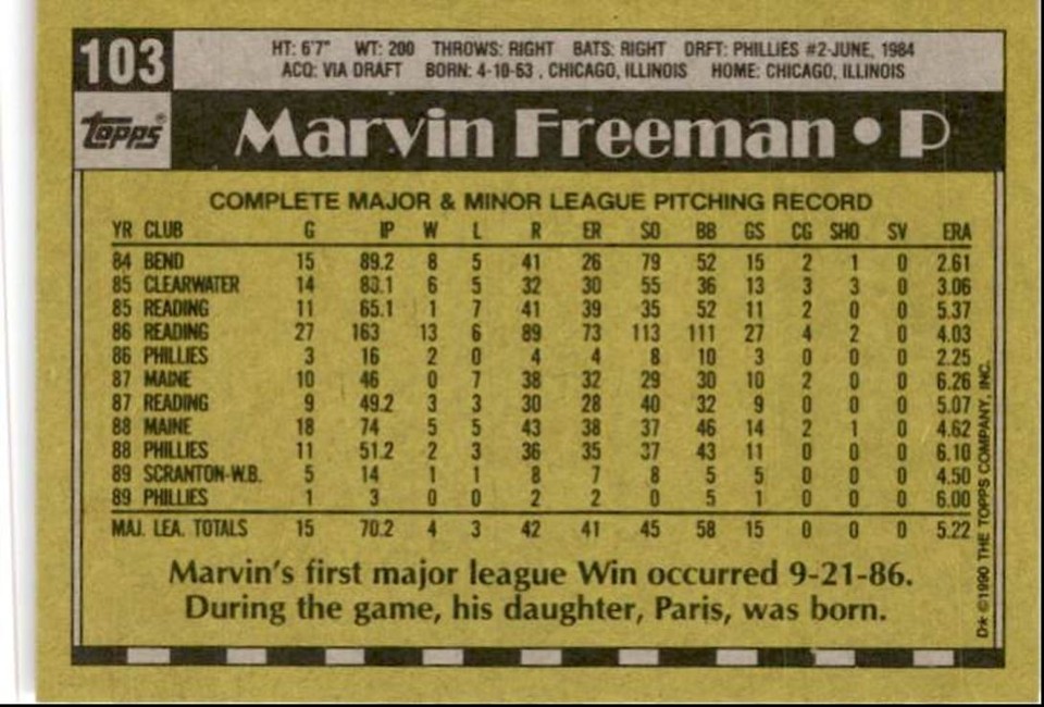 1990 Topps Baseball Cards Marvin Freeman Philadelphia Phillies #103 | eBay