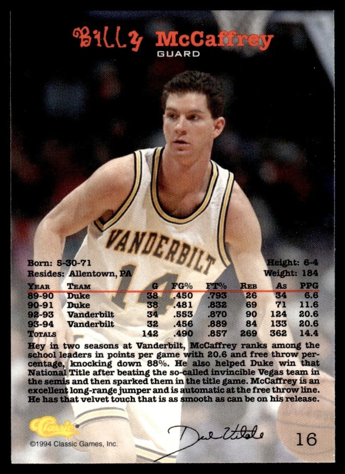 1994-95 Classic Draft Billy McCaffrey Vanderbilt Commodores #16 | eBay