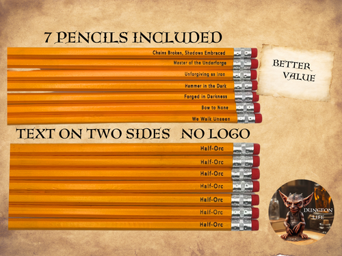 DND Pencils Set of 7 - Laser Engraved Characters Races, Elf, Dwarf more ...