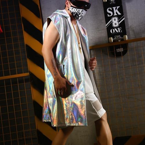 Men Nightclub PU Leather Silver Hooded Sleeveless Cloak Dance Costume ...