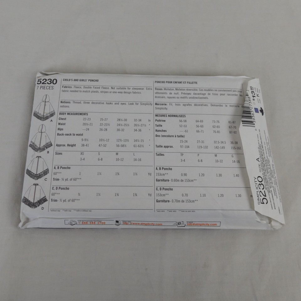 Simplicity 5230 Girls Fleece Poncho Optional Hood Sewing Pattern XS-LG ...
