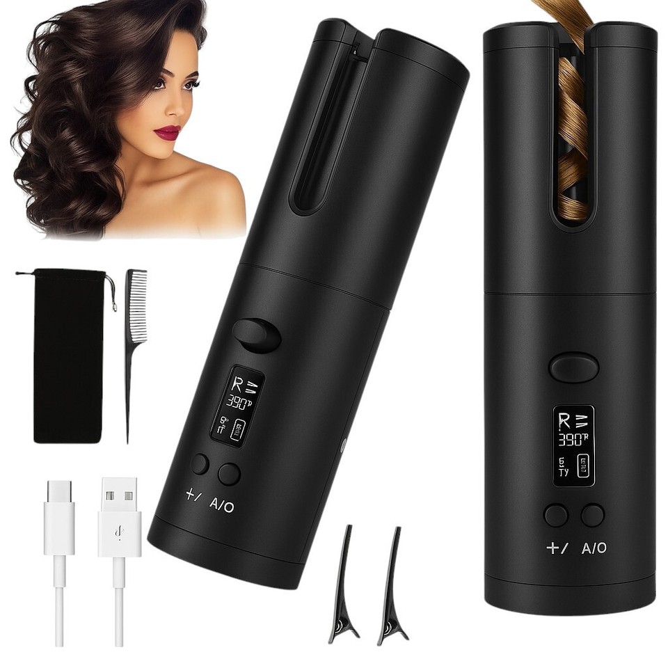 Wireless Rechargeable Curler Ceramic Auto Rotating USB LED Hair Curling ...