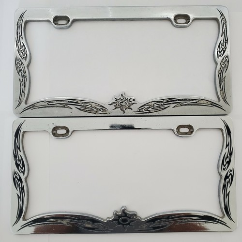 Sun With Flames Tribal Design Metal Silver License Plate Frame Holder ...