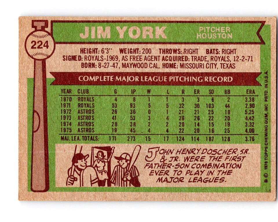 1976 Topps #224 Jim York Huston Astros Baseball Card EX-EX+ | eBay