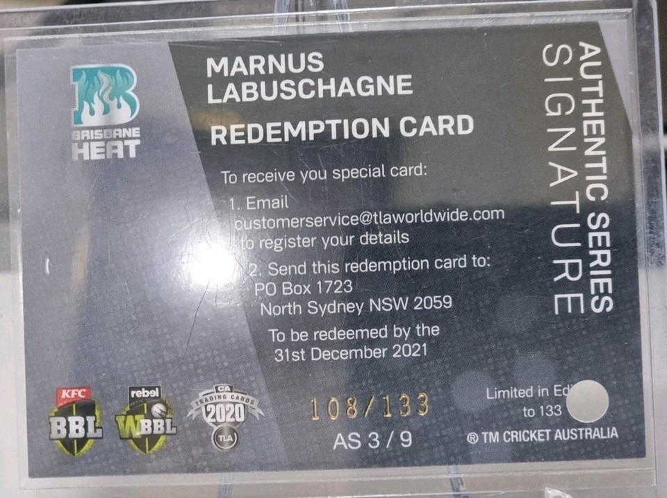 Marnus Labuschagne TLA Traders 2020 Cricket Signature Auto Card /133 ...