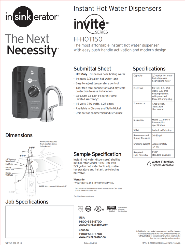 NEW from factory Insinkerator H-HOT150C Chrome Hot Water Dispenser ...