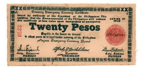 1945 PHILIPPINES Negros Emergency Note 20 Pesos S685 Guerilla Money UNC ...