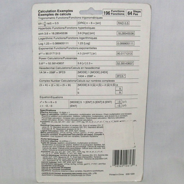 Canon F-700 Scientific Statistical Calculator 196 Functions 10 2 Digits ...