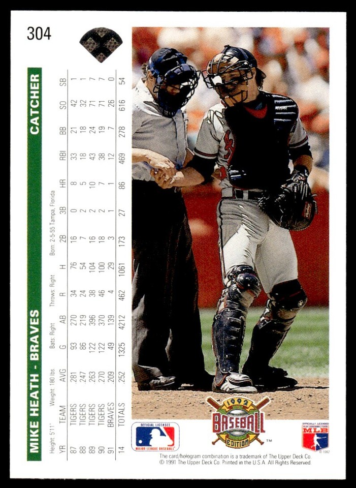 1992 Upper Deck Baseball Card Mike Heath Atlanta Braves #304 | eBay