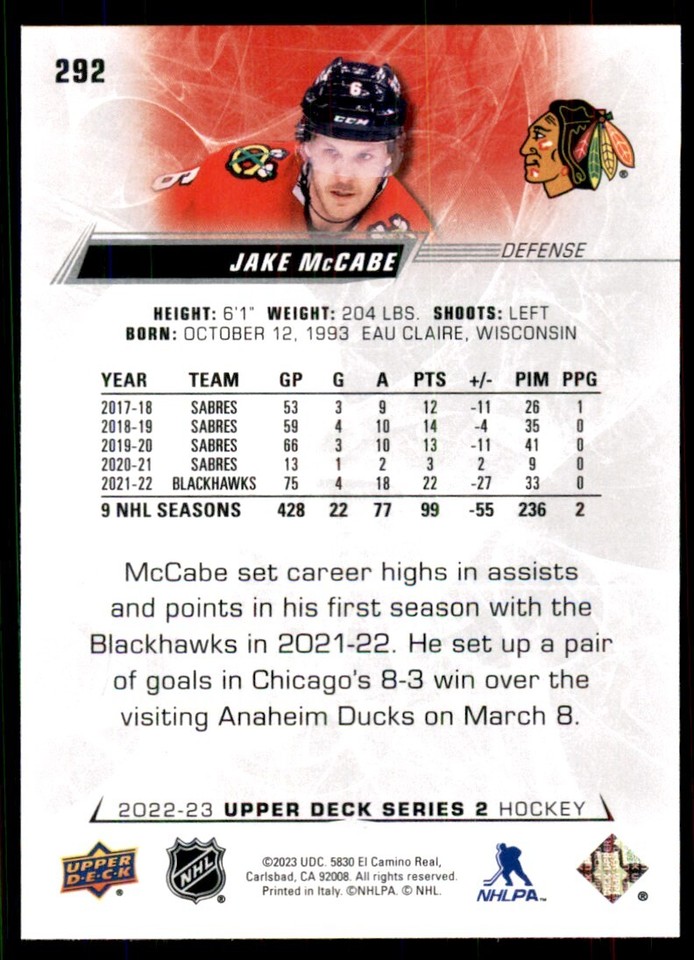 2022-23 Upper Deck Jake McCabe A Hockey Cards #292 | eBay