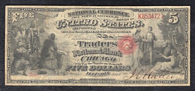 1865 $5 THE TRADERS NB OF CHICAGO, IL NATIONAL CURRENCY “CONTEMPORARY ...