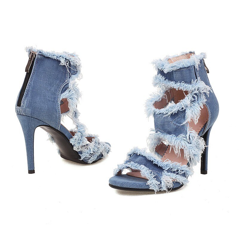 Fashion Peep Toe Brushed Jeans Denim Women Shoes Summer New Back Zip ...
