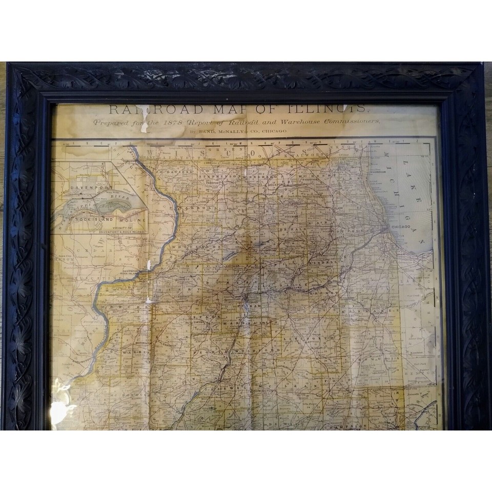 1878 Rand McNally 8th Annual Illinois Railroad & Warehouse Framed Fold ...