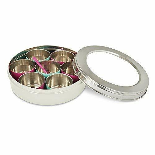 Off White Round Stainless Steel Spice Box Masala Dabba with Spoon 7 ...