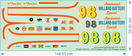 'Parnelli Jones Watson' INDY 500 Roadster Decals - 1/25 - Water Decal ...