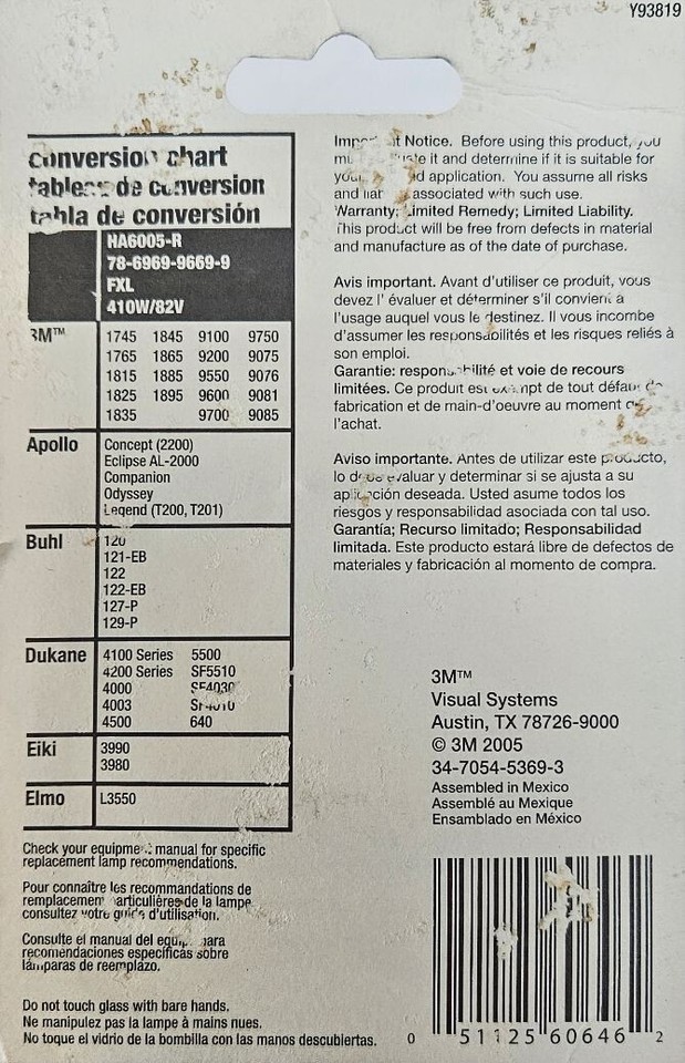 3M FXL Projection Lamp Halogen 410 Watts 82 Volts HA6005-R Brand New | eBay