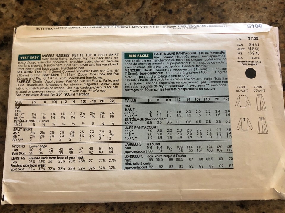💐 BUTTERICK #5100-LADIES FAST & EASY WIDE LEG SPLIT SKIRT & TOP PATTERN ...