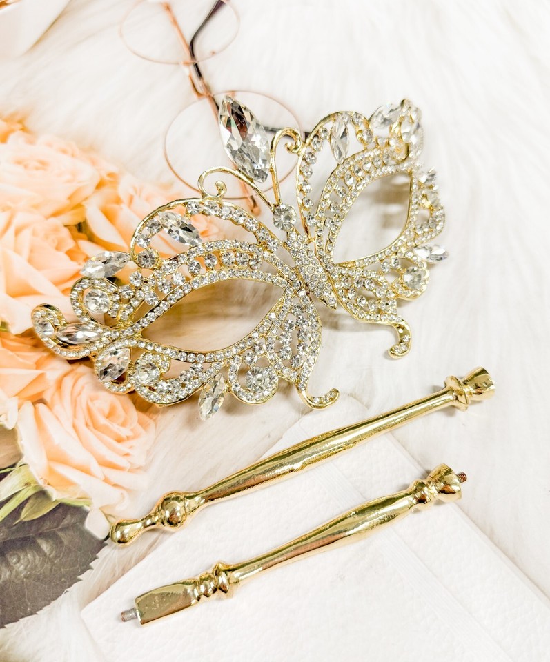Crystal Mask with Stick, Prom Mask, Masquerade Ball Mask, Met Gala Gold ...