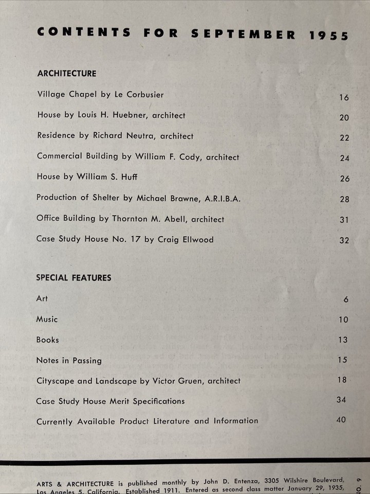 Arts & Architecture September 1955 Le corbisier, Huebner, Neutra, Cody ...