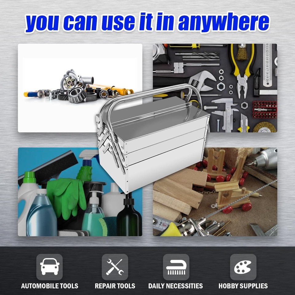 Metal Cantilever Tool Box, 3-Tier 5 Tray Fold Out Stainless Steel Tool ...