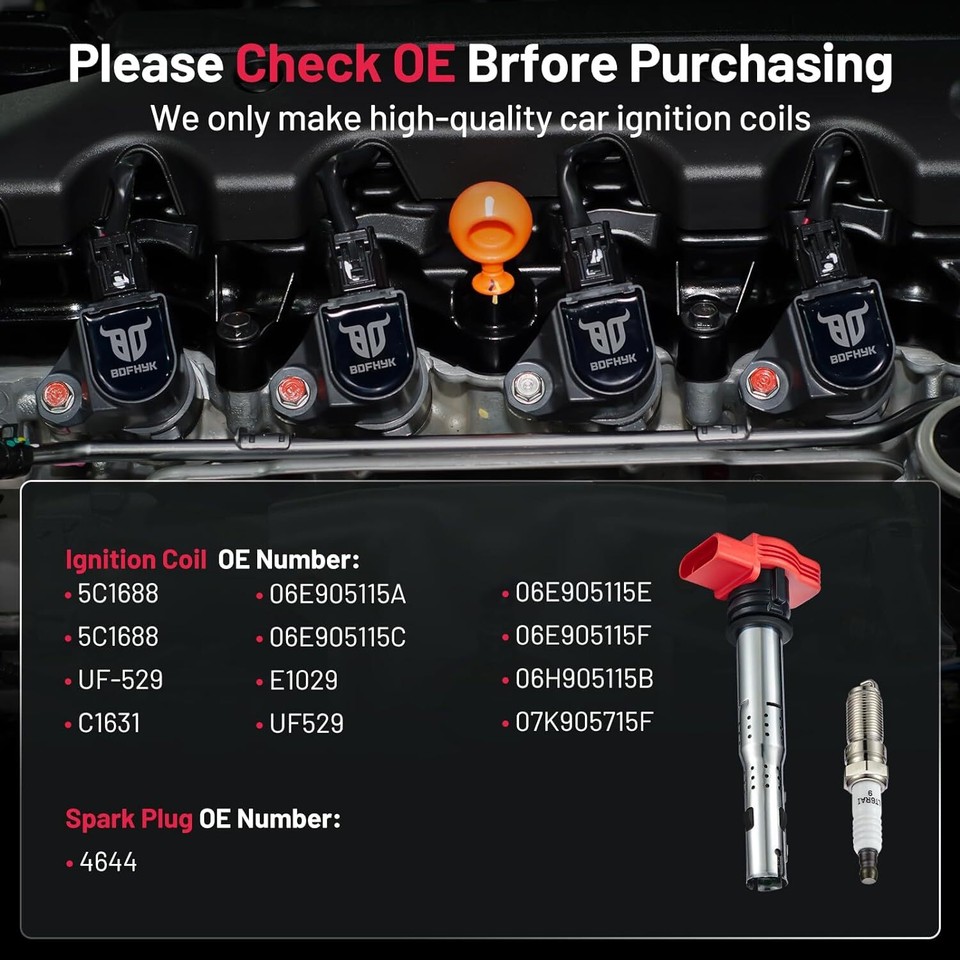 4x UF529 Ignition Coil & Spark Plugs Pack for Audi TT A4 A5 VW Tiguan ...