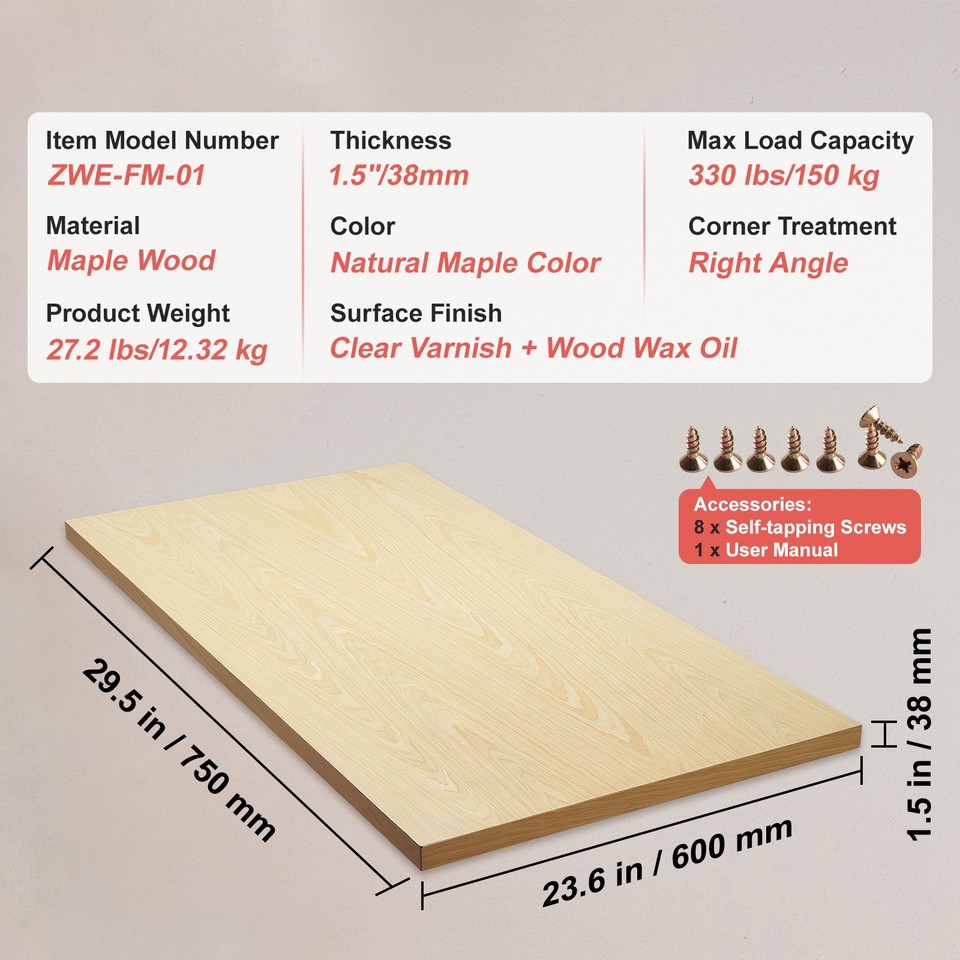 Uimoso Table Top Solid Wood Desk Top 29.5" x 23.6" x 1.5" Rectangular ...