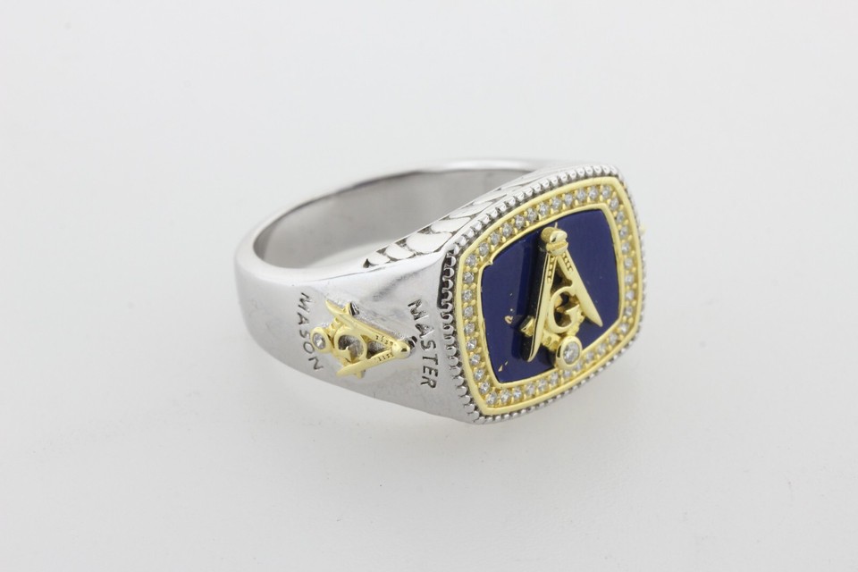 Master Mason Sterling Silver 925 & Gold Wash CZ Blue Lapis Masonic G ...