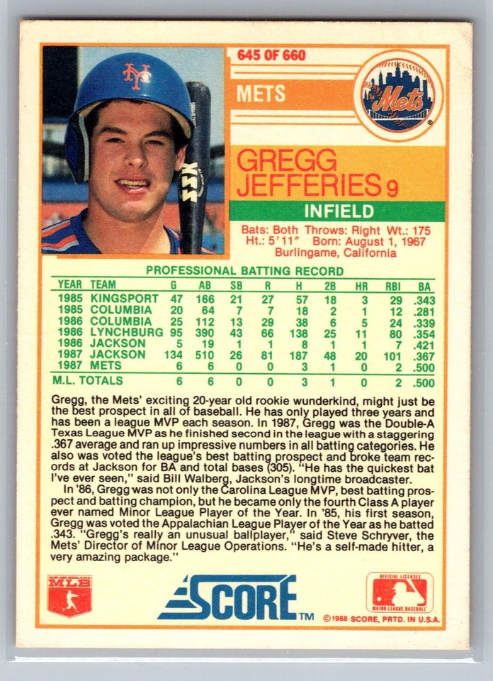 Gregg Jefferies 1988 Score Rookie Prospect BASEBALL #645 New York Mets ...