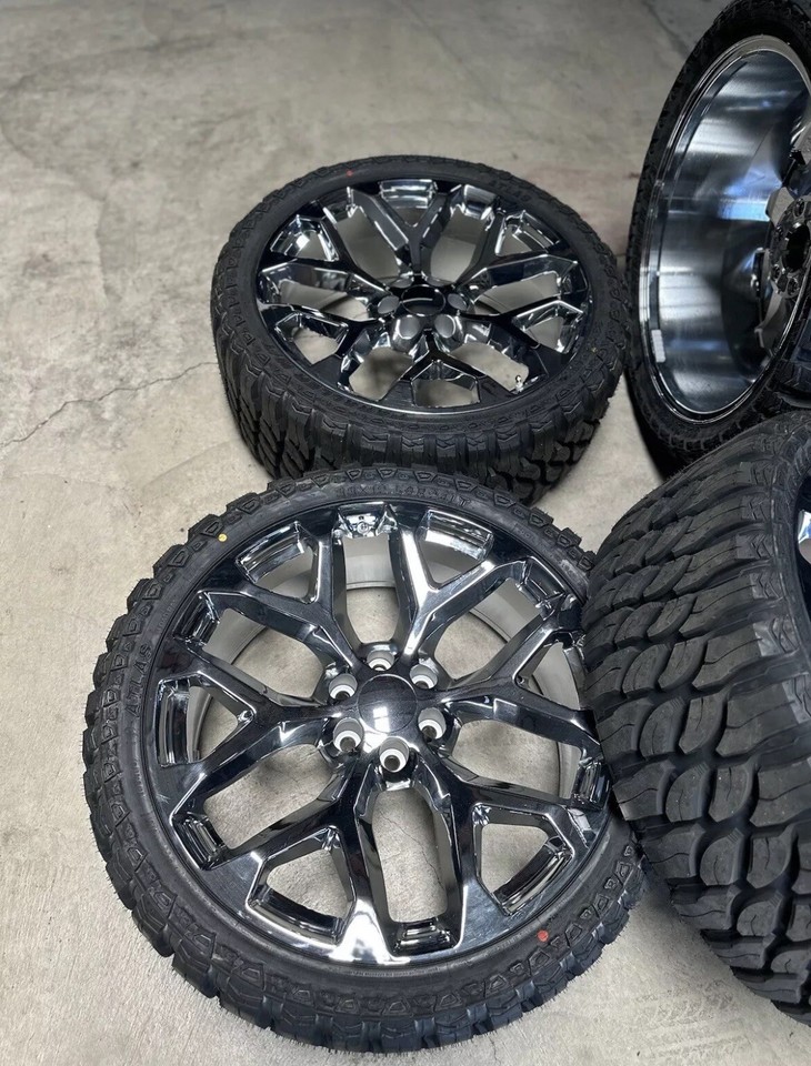 24” SNOWFLAKE CHROME WHEELS RIMS MT TIRES CHEVY SILVERADO TAHOE GMC ...