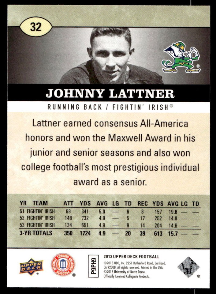 2013 Upper Deck 32 Johnny Lattner Notre Dame Fighting Irish Football ...