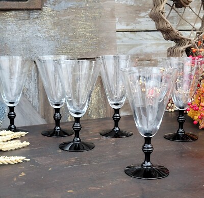 Vintage Black & Clear Fry Optic Bowl Black Stem, Set of 6 Vintage ...