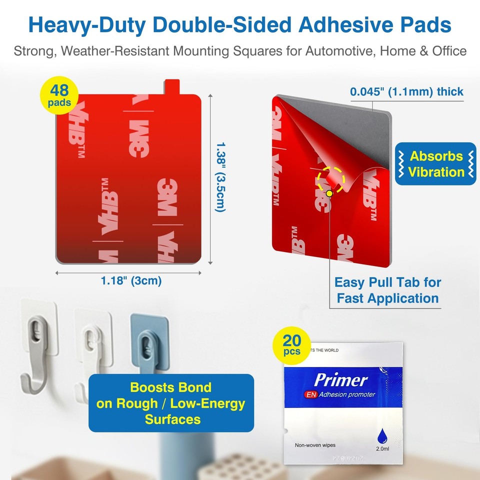 Heavy Duty Double-Sided Adhesive Pads – 48 Pre-Cut Foam Mounting ...