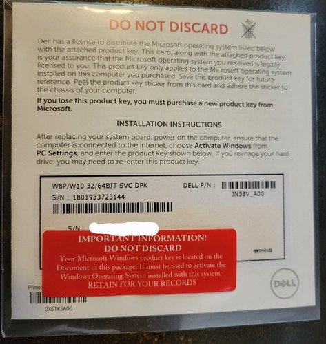 W8P/W10 32/64BIT SVC DPK Dell Microsoft License Product Key Dell OEM ...