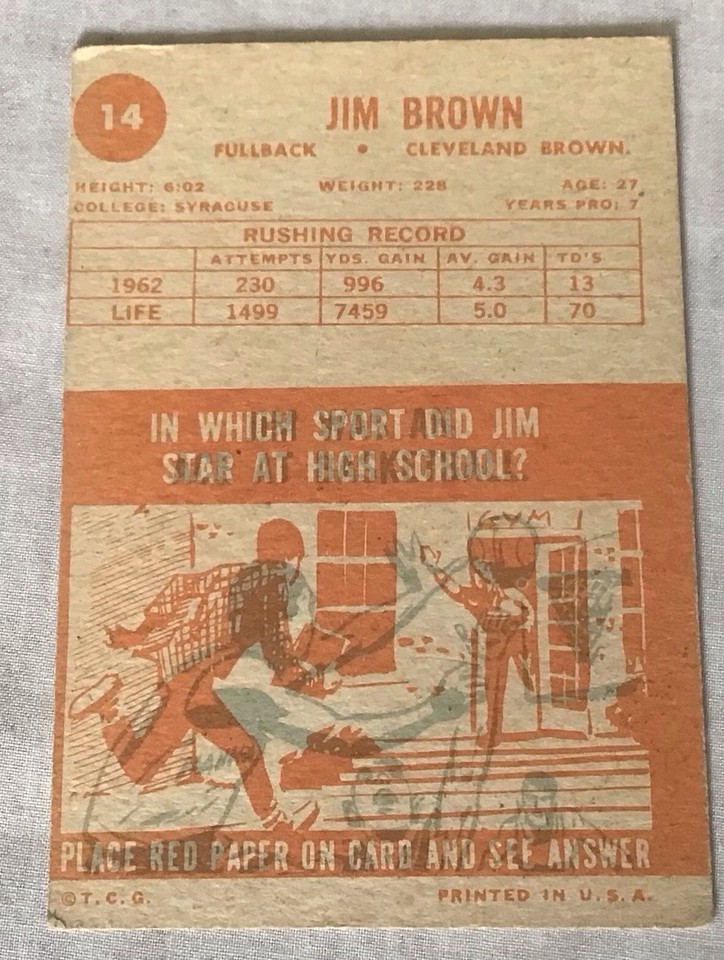 1963 Topps Football Card Jim Brown Cleveland Browns Card #14 VG | eBay