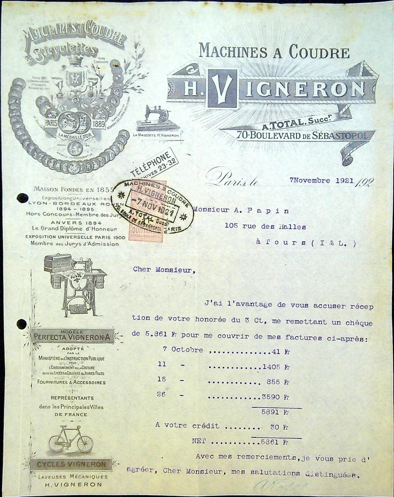 Old Invoice H. VIGNERON, Sewing Machine Bd Sébastopol Paris 1921 | eBay