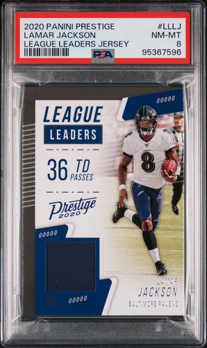 2020 PANINI PRESTIGE LEAGUE LEADERS JERSEYS #LLLJ LAMAR JACKSON PSA 8 ...